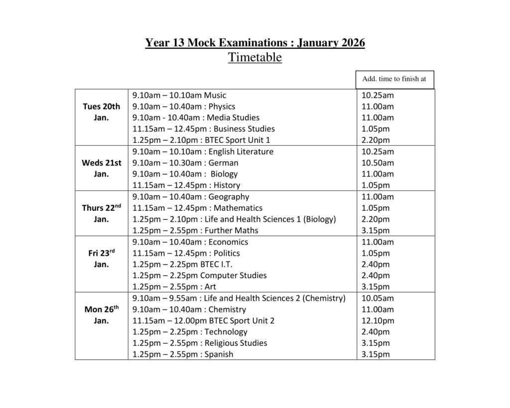 Year 13 Mock Exam Timetable | The Royal Belfast Academical Institution